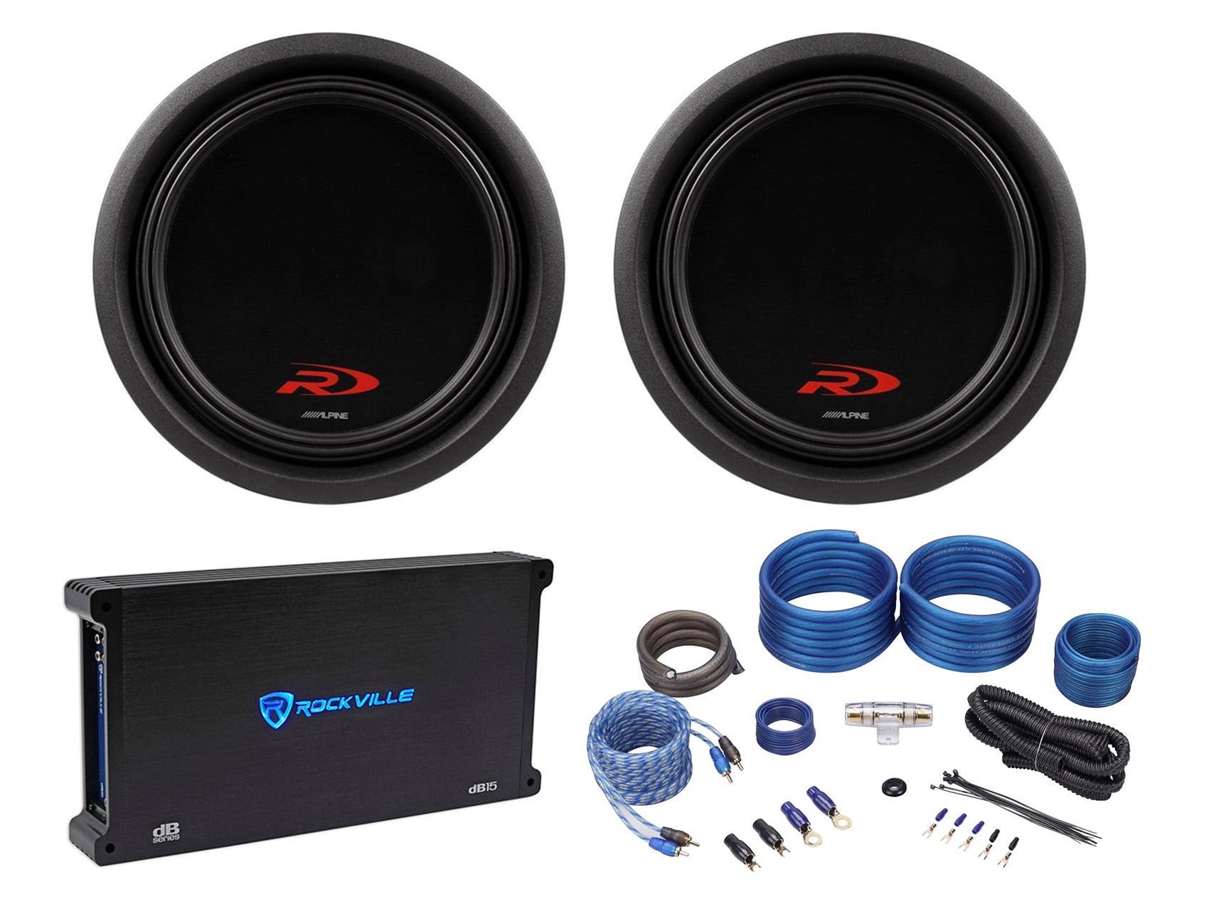 (2) Alpine SWR-T10 10" 3600w Shallow Subwoofers + Mono Amplifier + Amp ...