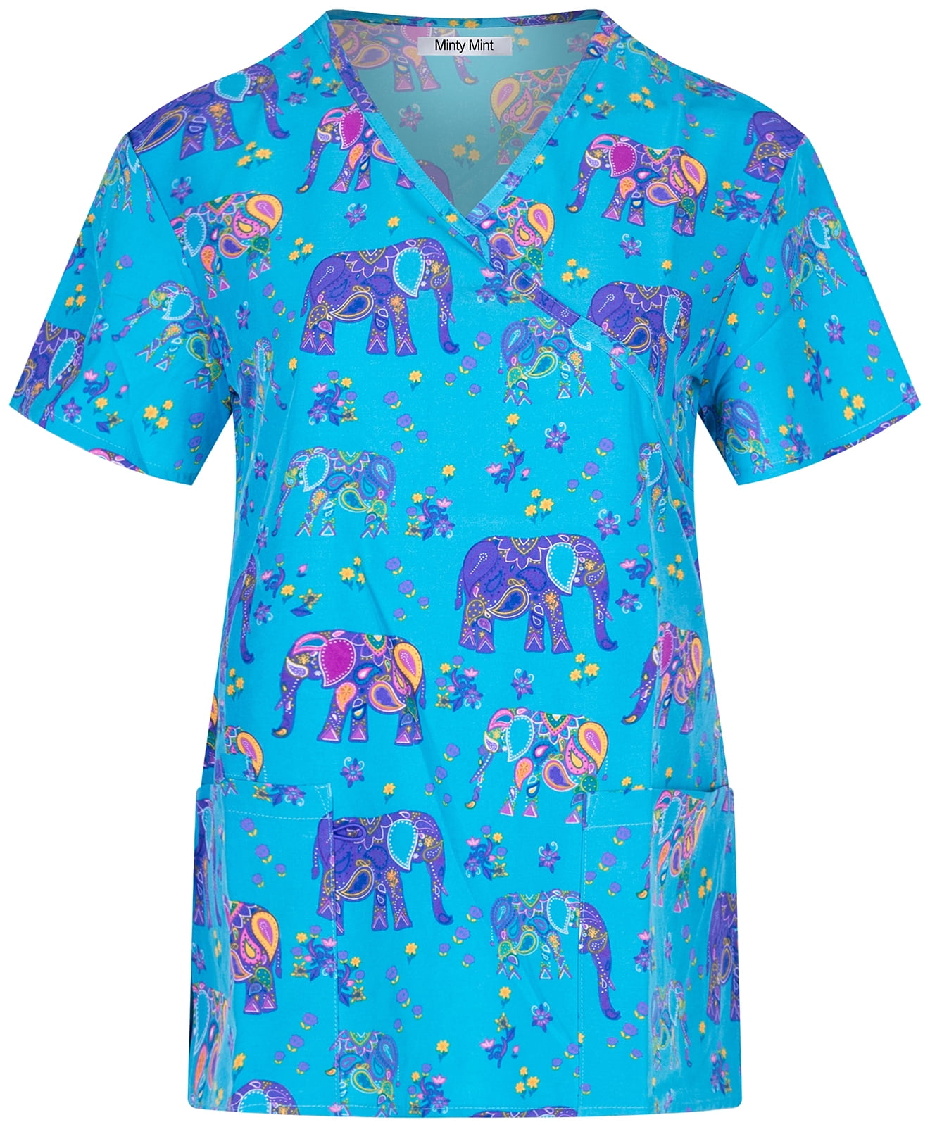 Minty Mint, Women's, Stretch Printed V-Neck Medical Scrub Top, Blue ...