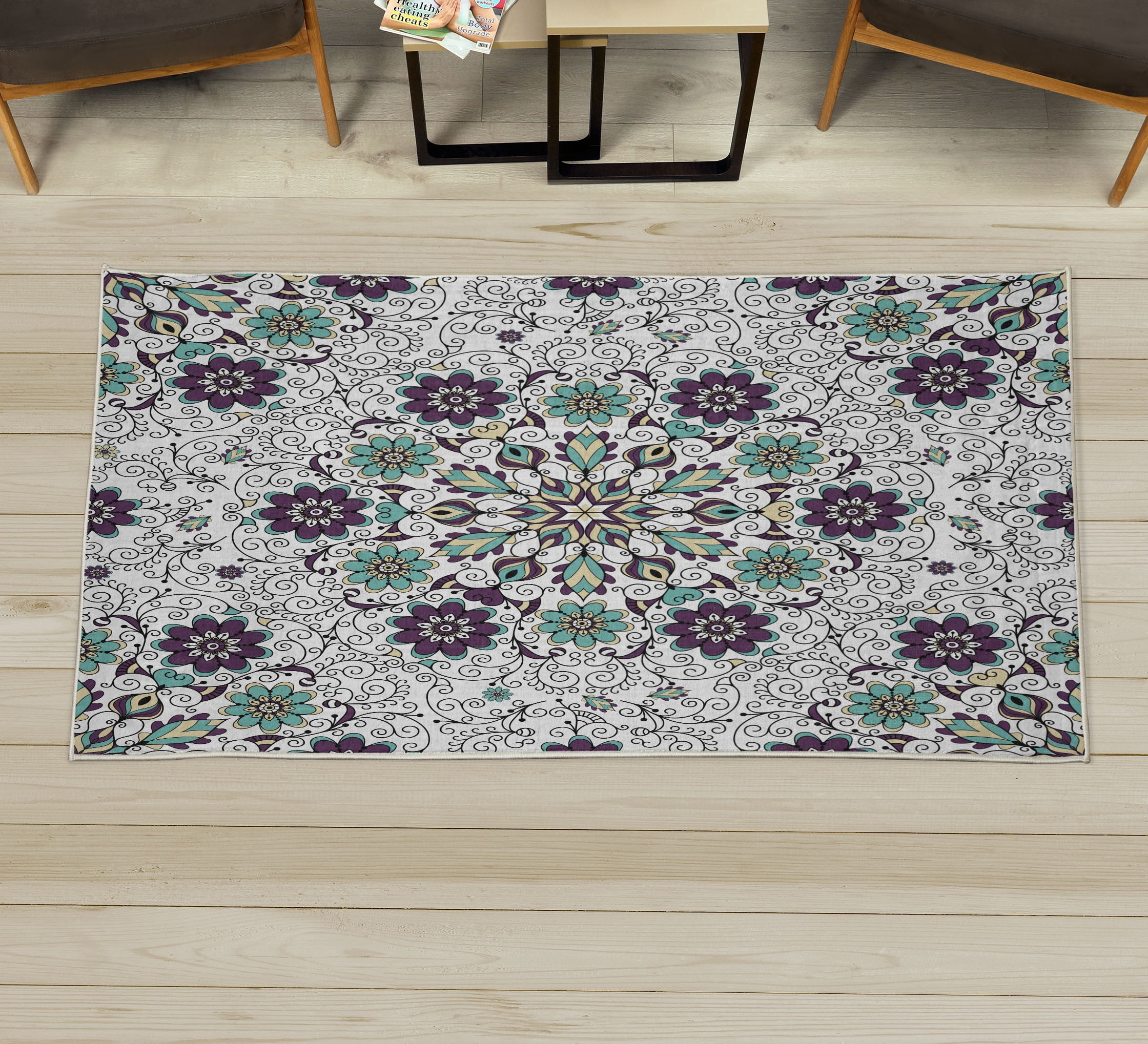 Ethnic Decorative Rug, Vintage Abstract Flower Swirls Leaves Doily ...