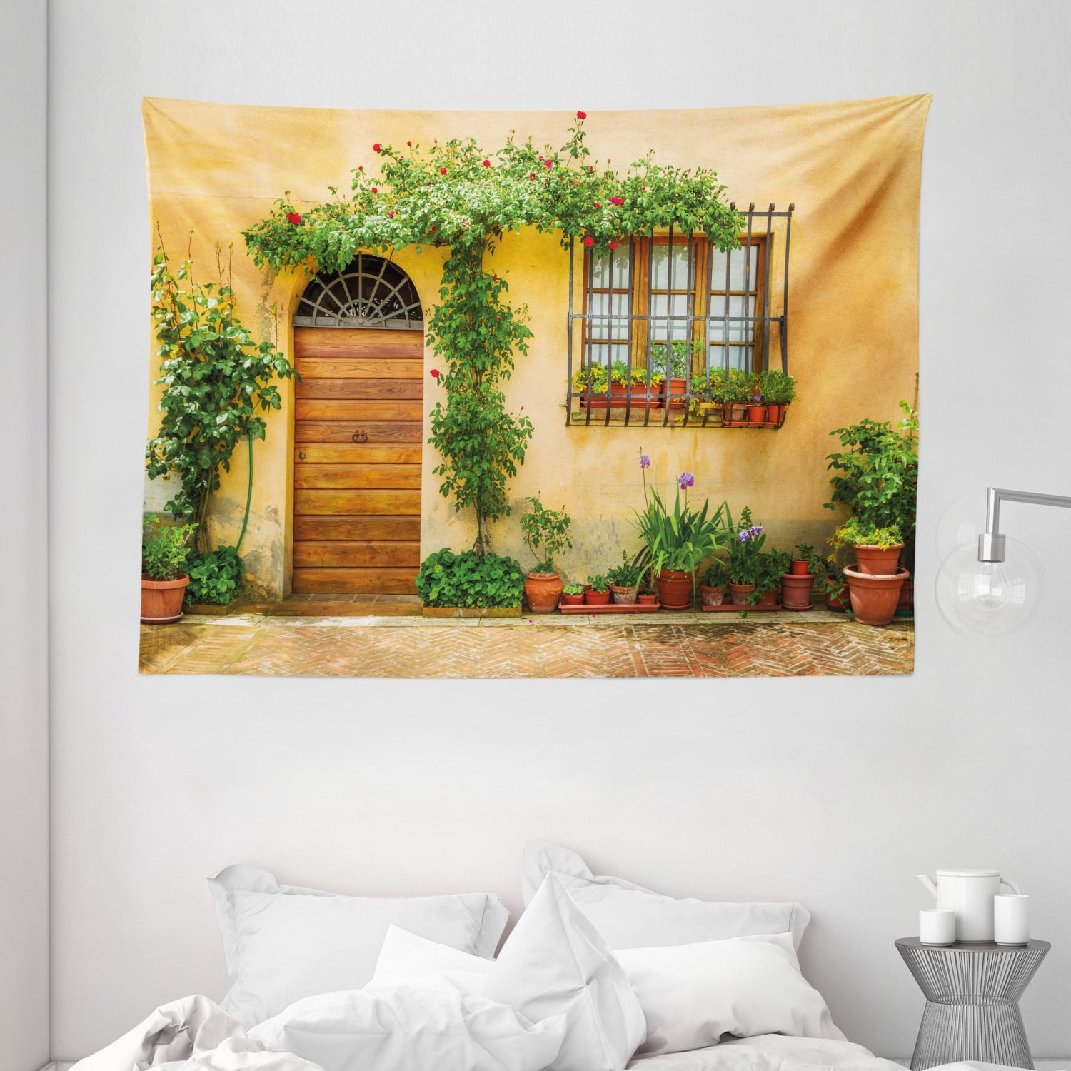 Italy Tapestry, Porch with Different Flowers Pots Fresh Green Plants ...