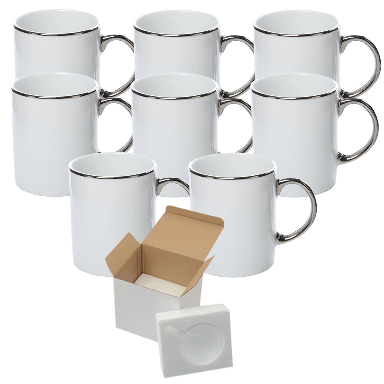 Mugsie 8 Pack 11 oz. Ceramic Sublimation Mugs - SILVER Rim & Handle ...