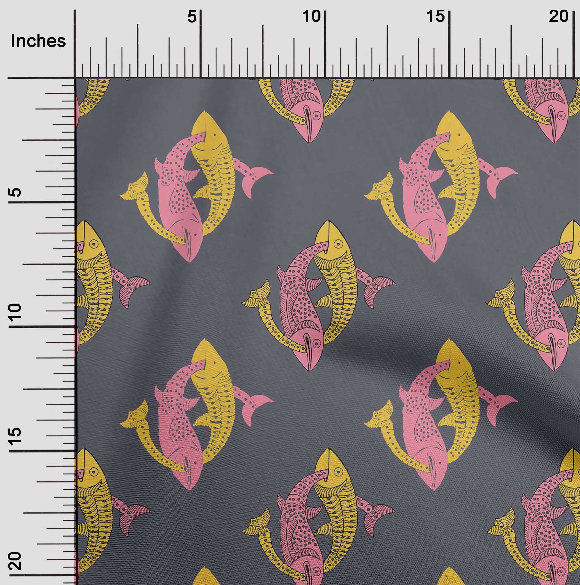 oneOone Silk Tabby Fabric Fish Block Print Fabric BTY 42 Inch Wide ...