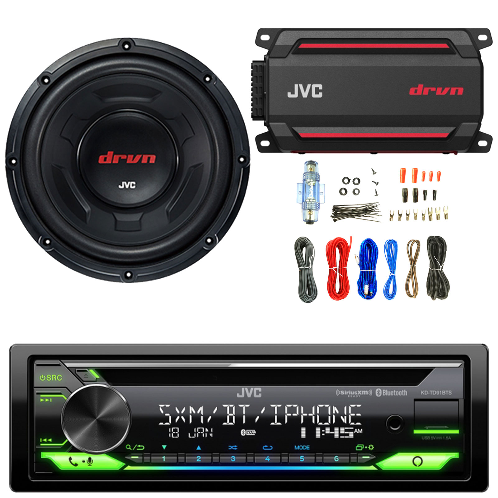 JVC KD-TD91BTS Single DIN CD Player Bluetooth USB AUX AM/FM Radio Receiver Bundle Combo with 12 ...