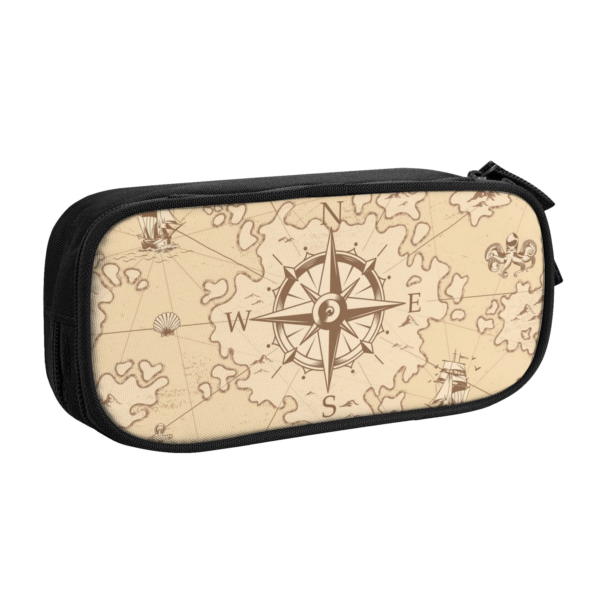 TEQUAN Large Capacity Pencil Case, Vintage Pirate Compass Map Pattern ...