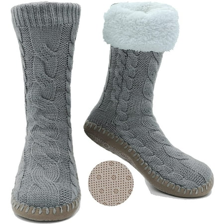 Slipper Socks for Women Grippers, Gray Thick Lined Knit Slipper Sock ...