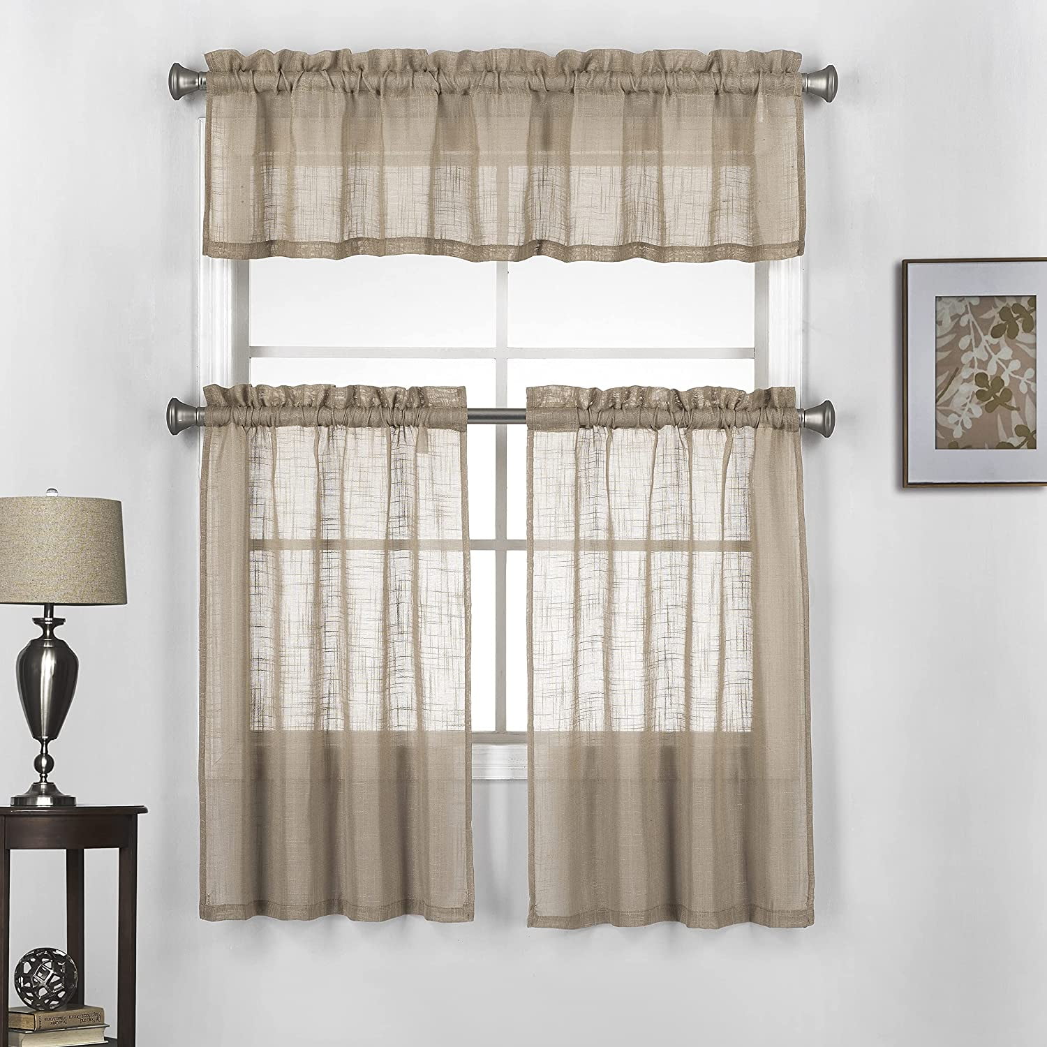 3 Piece Linen Look Rod Pocket Top Kitchen Window Curtain Tier Pair and ...
