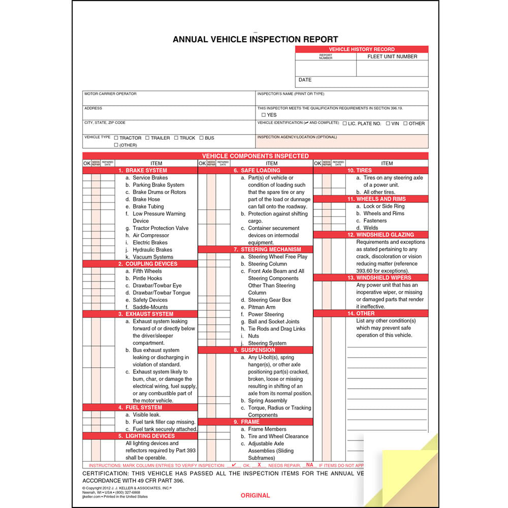 DOT Compliant Annual Vehicle Inspection Report Form, 50-Pack, Snap-Out ...