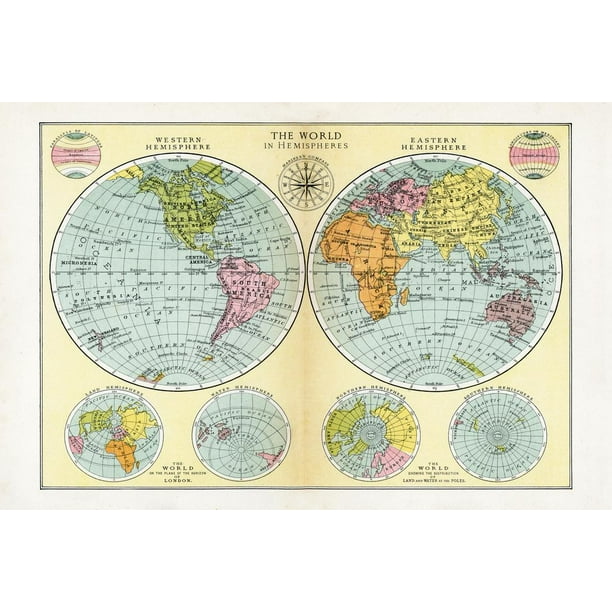 The World In Hemispheres Antique Style Map Travel World Map with Cities ...