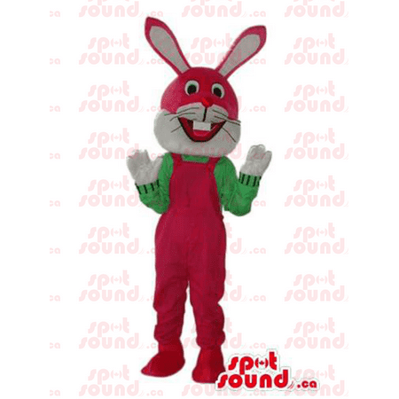 Red And White Rabbit Plush SPOTSOUND Mascot Dressed In Red Overalls ...