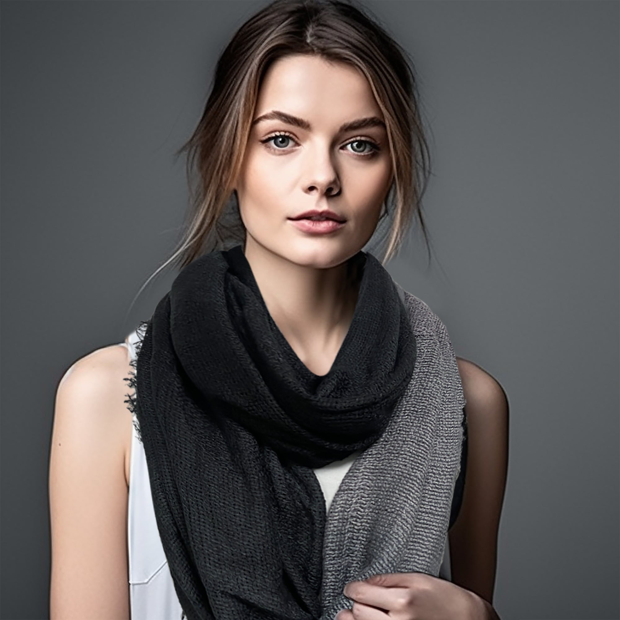 ACCEHUT Frayed Edge Vintage Infinity Scarf Elegant Color Black Gradient ...