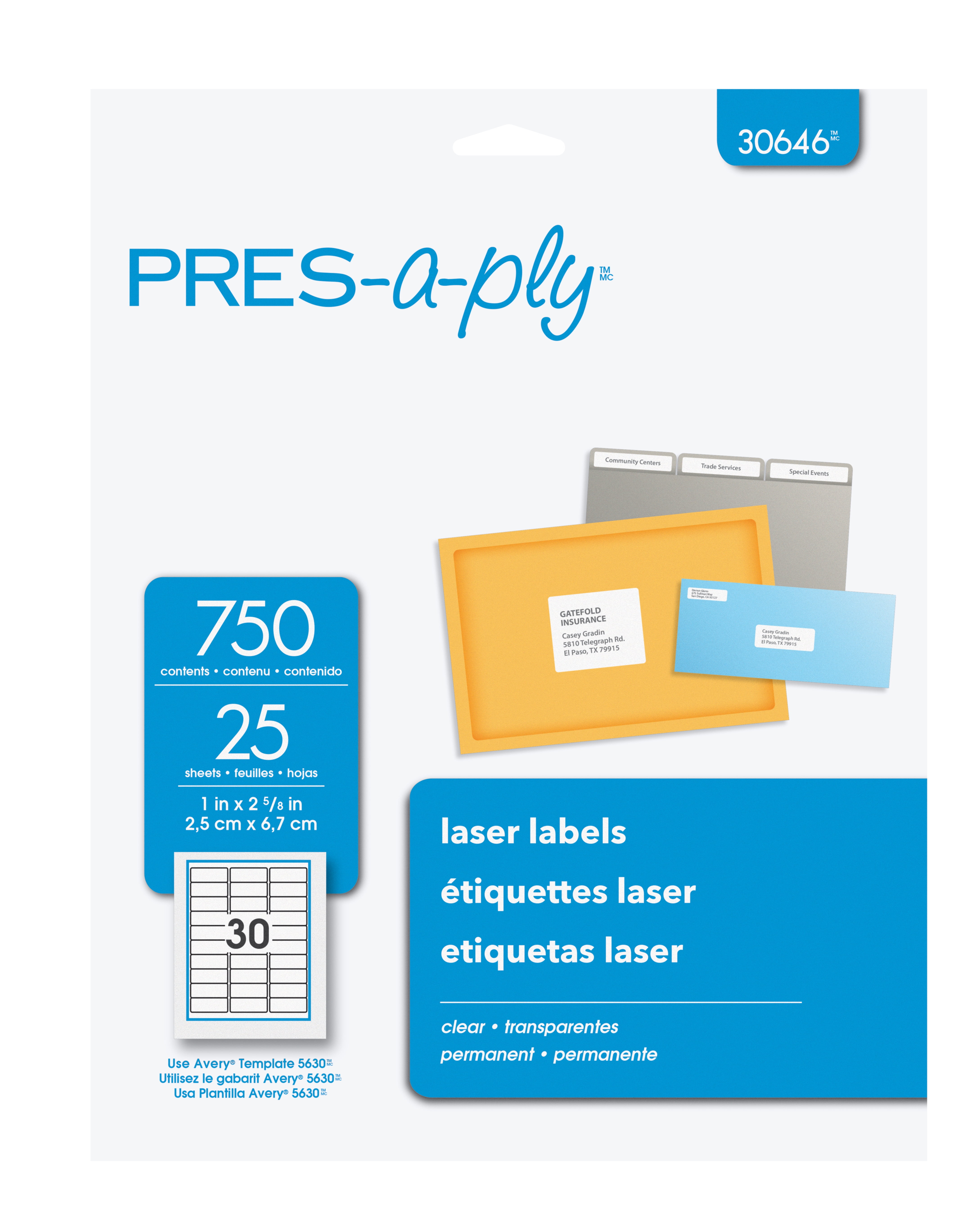 PRES-a-ply Clear Labels, 1" x 2-5/8", Permanent, 30-up, 750 labels ...