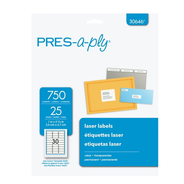 PRES-a-ply Clear Labels, 1" x 2-5/8", Permanent, 30-up, 750 labels ...