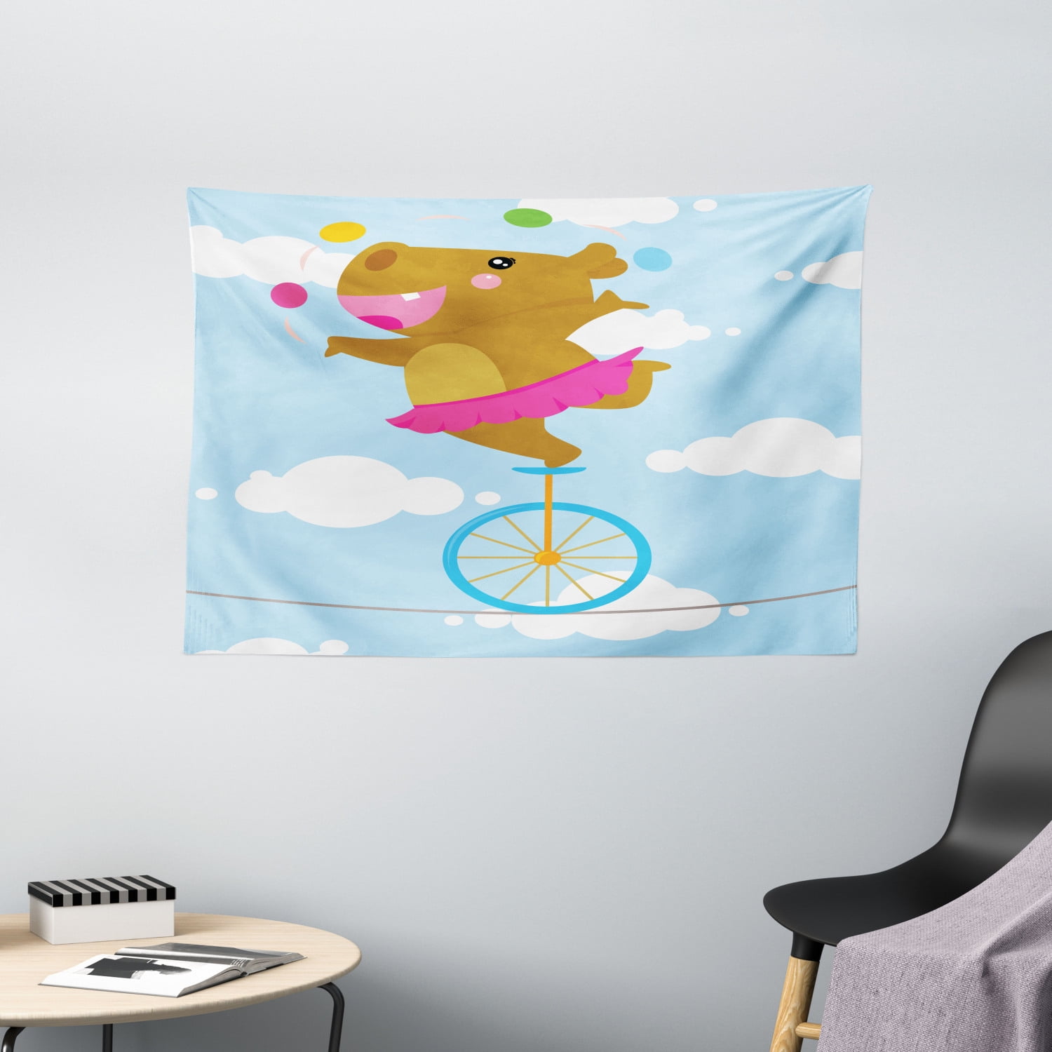 Circus Tapestry, Happy Balerina Hippo Juggling on Tightrope with Wheel ...