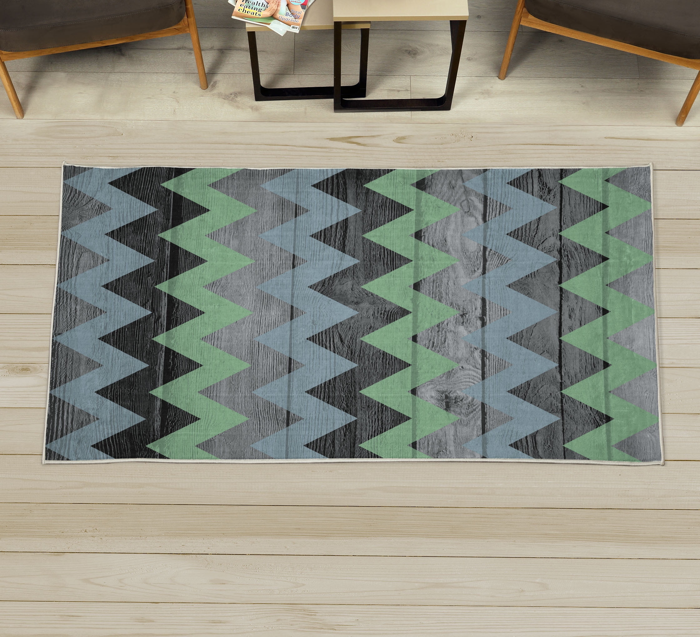 Chevron Decorative Rug, Zig Zag Lines Pattern on Wooden Looking ...