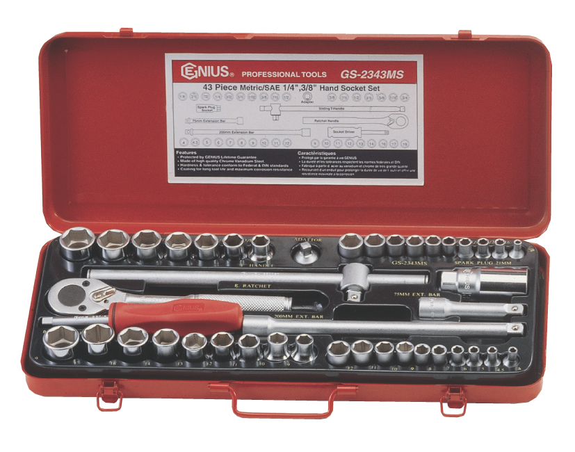 Genius Tools 43 Piece 1/4" & 3/8" Dr. Metric & SAE Hand Socket Set - GS ...
