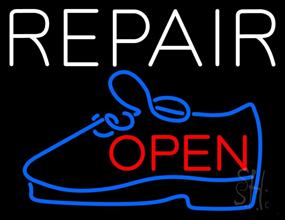 White Repair Blue Shoe Open LED Neon Sign 24 x 31 - inches, Black ...