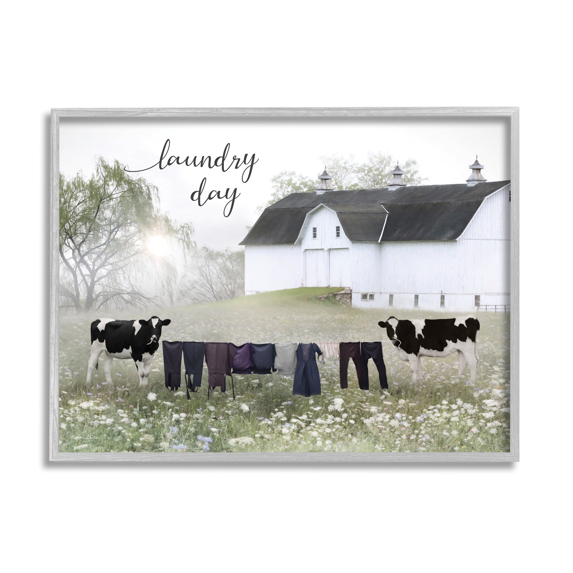 Stupell Laundry Day Rural Cows Meadow Nature Painting Gray Framed Art ...