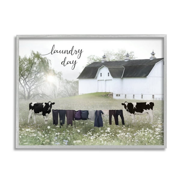 Stupell Laundry Day Rural Cows Meadow Nature Painting Gray Framed Art ...