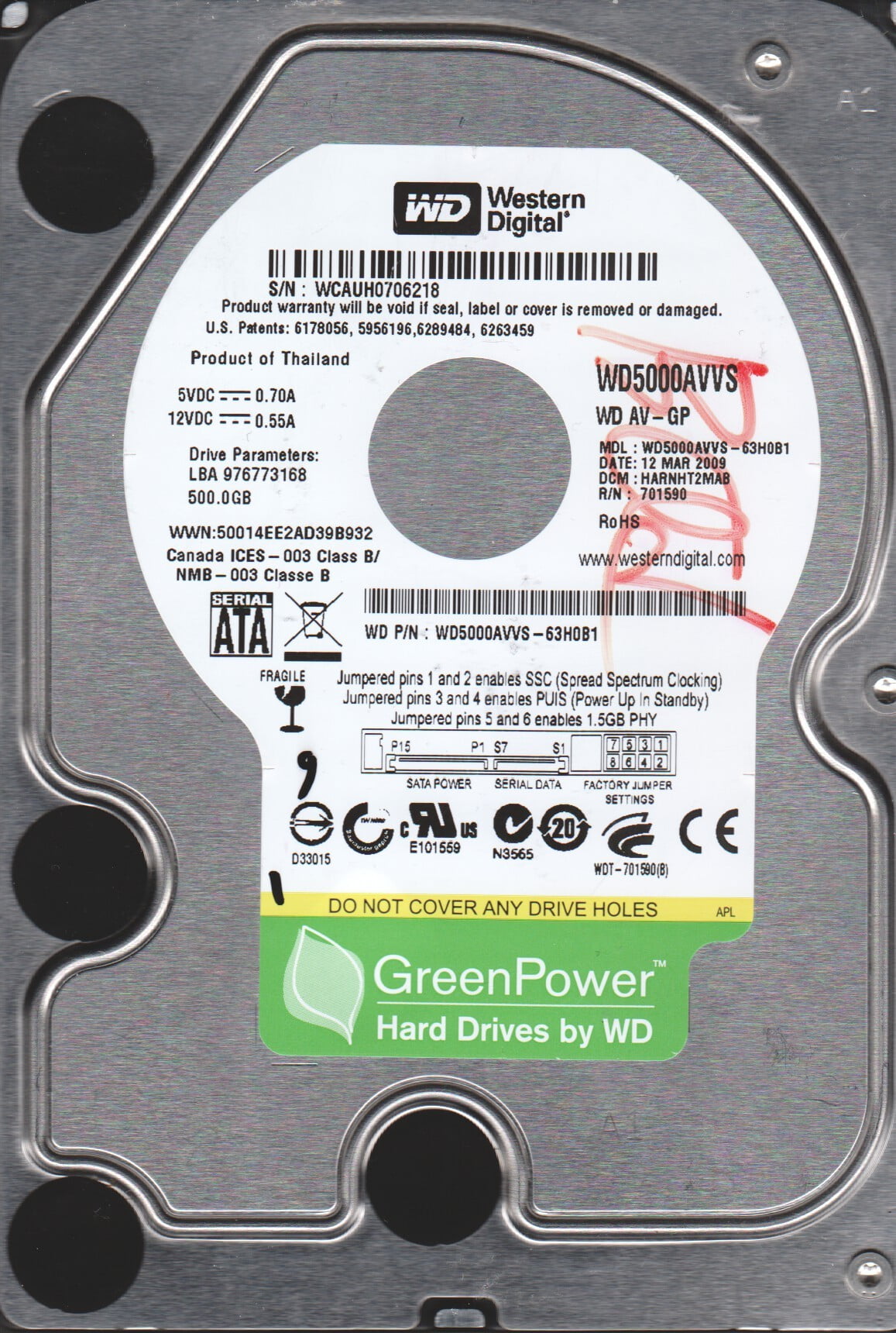 WD5000AVVS-63H0B1, DCM HARNHT2MAB, Western Digital 500GB SATA 3.5 Hard ...