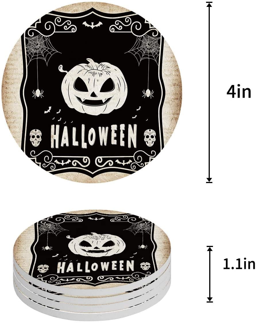 FMSHPON Halloween Bat Scary Pumpkin Set of 6 Round Coaster for Drinks ...