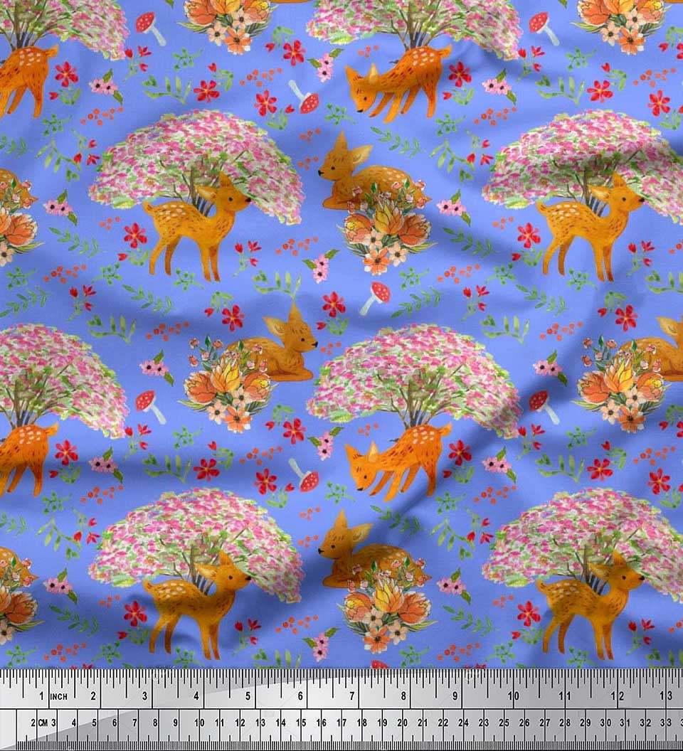 Soimoi Silk Fabric Tree,Floral & Deer Animal Print Fabric by Yard 42 ...