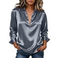 AHTJRT Satin Tops for Women Deep V Neck Collared Basic Tees Long Sleeve ...