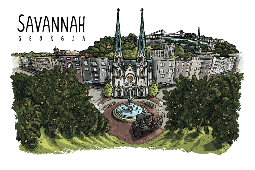 Savannah, Georgia, Line Drawing, Peach Trees (16x24 Giclee Gallery Art ...