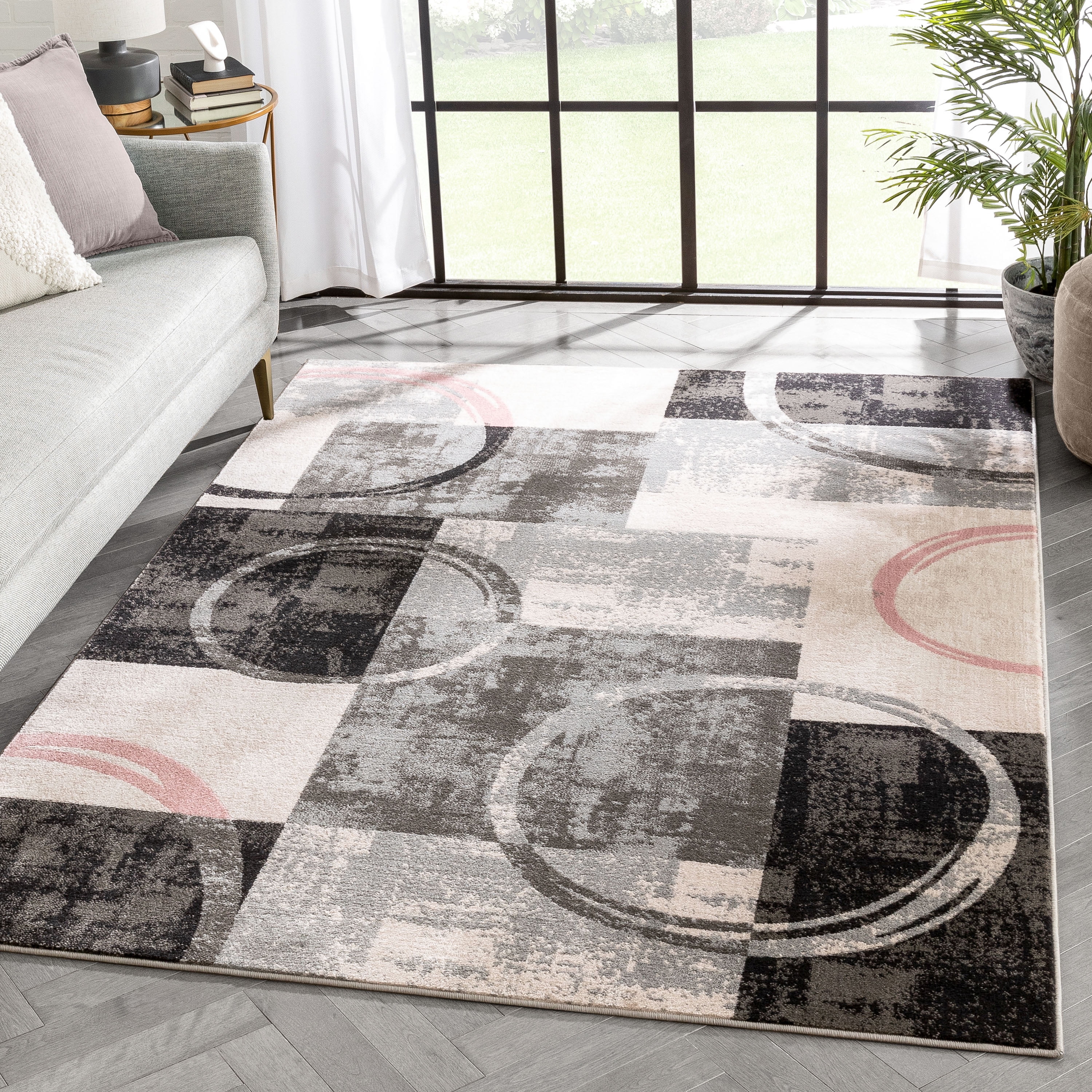 Well Woven Shay Grey & Blush Boxes & Circles Geometric Area Rug 5x7 (5 ...