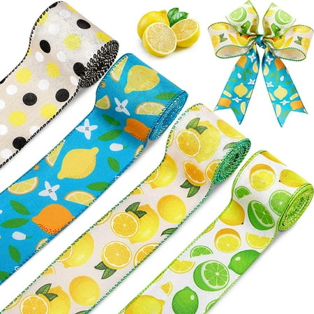 4 Rolls Lemon Ribbon 2.5 Inches x 24 Yards Summer Lemon Ribbon Wired ...
