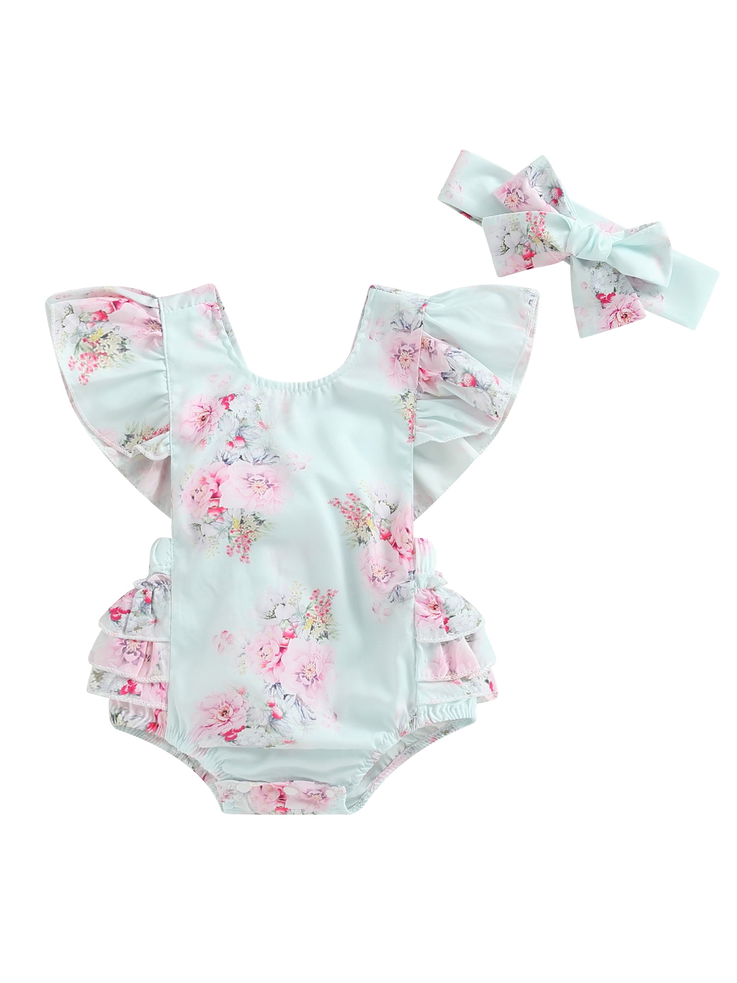 GXFC Infant Baby Girl Romper Dress Outfits Newborn Girls Short Sleeve Ruffle Floral Jumpsuit One ...