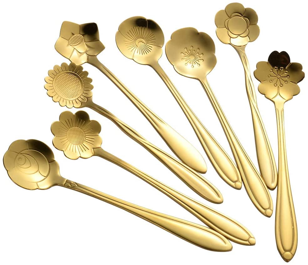 AnSaw 8 Pcs Flower Spoon Set, Stainless Steel Reusable Tea Scoops Stirring Spoon Coffee Spoon ...