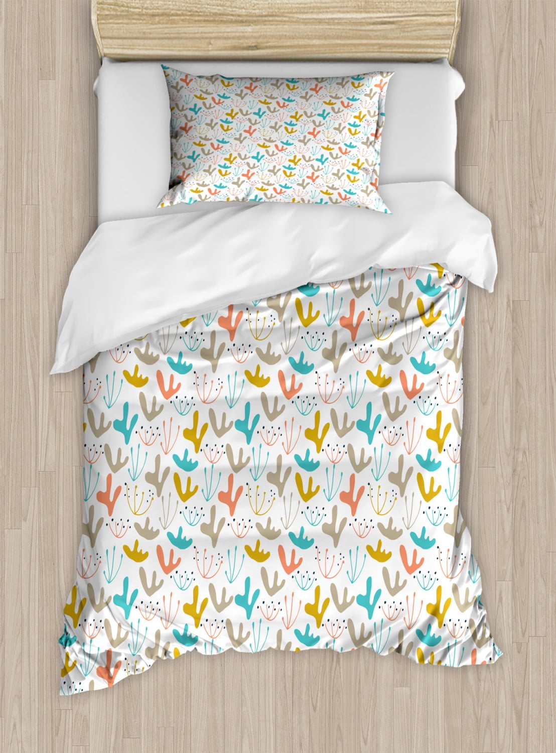 Botanical Duvet Cover Set Twin Size, Digital Pastel Forest Doodle ...