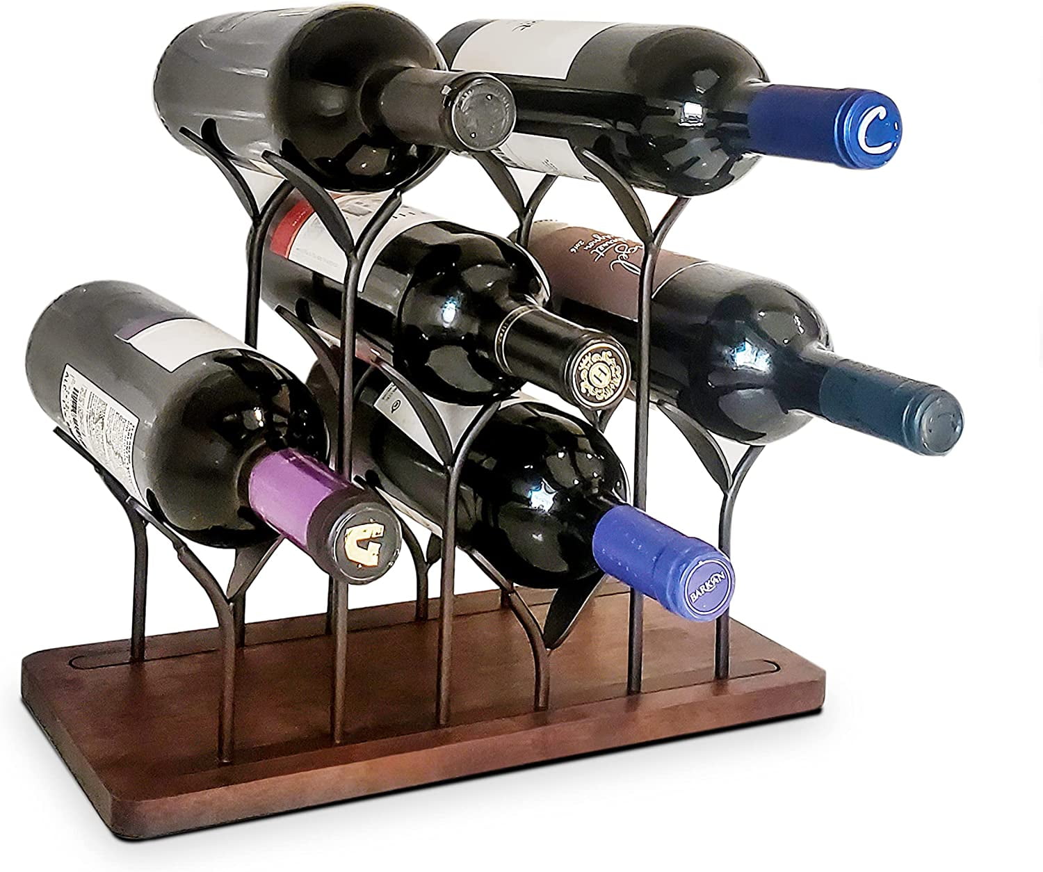 KOVOT Tabletop Bottle Rack, 6 Wine Bottle Holder, Dark Brown Wood Base ...