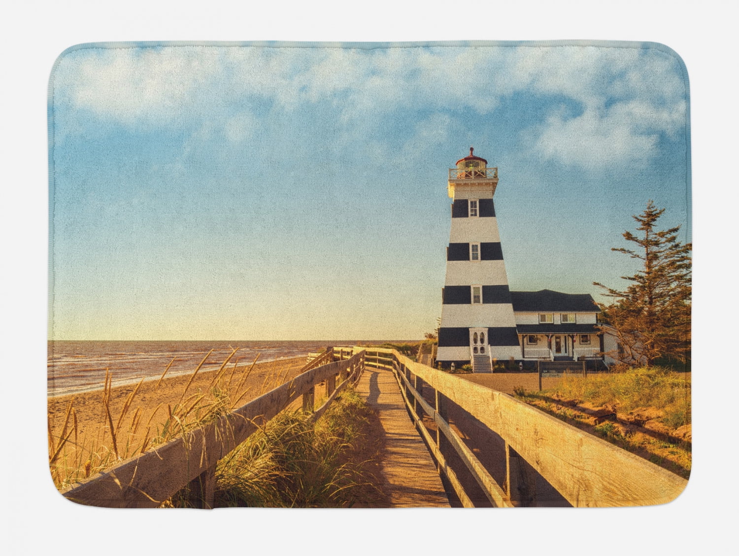 Lighthouse Bath Mat, Sandy Coastal Beach with Lighthouse Sea Waves Wind ...