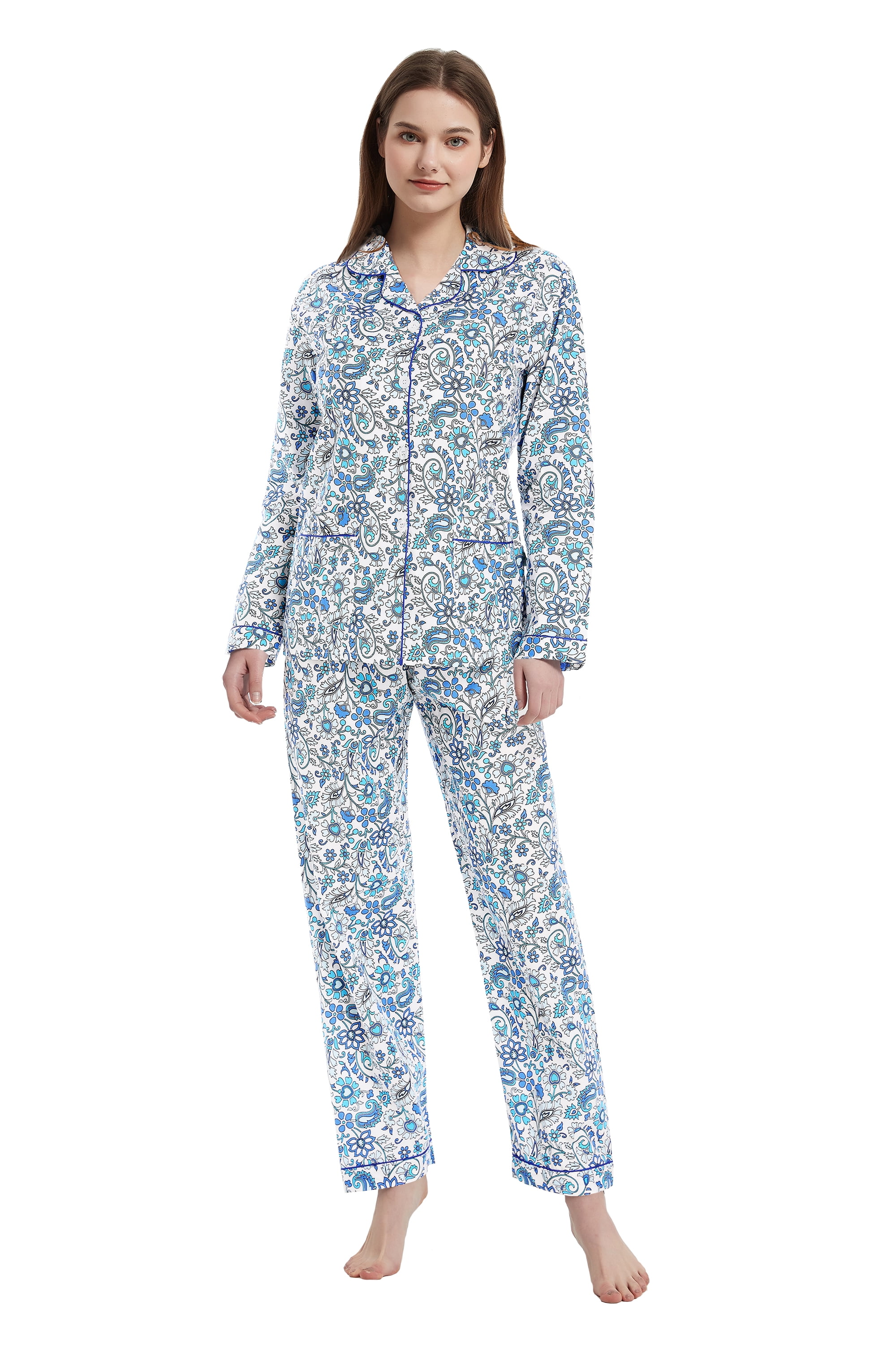 GLOBAL Womens 100% Cotton Notch Collar Pajama Set Homewear with Pockets ...