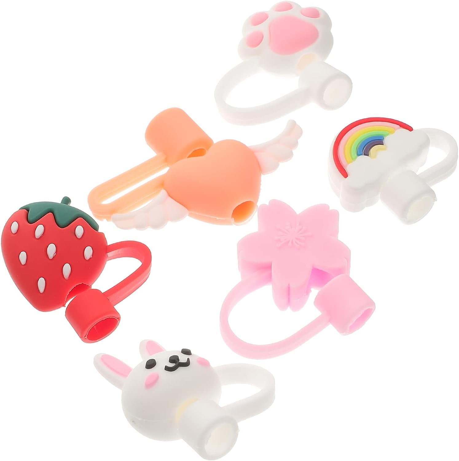 Straws Straw Cover 6Pcs Silicone Straw Plugs Strawberry Rainbow Cat ...