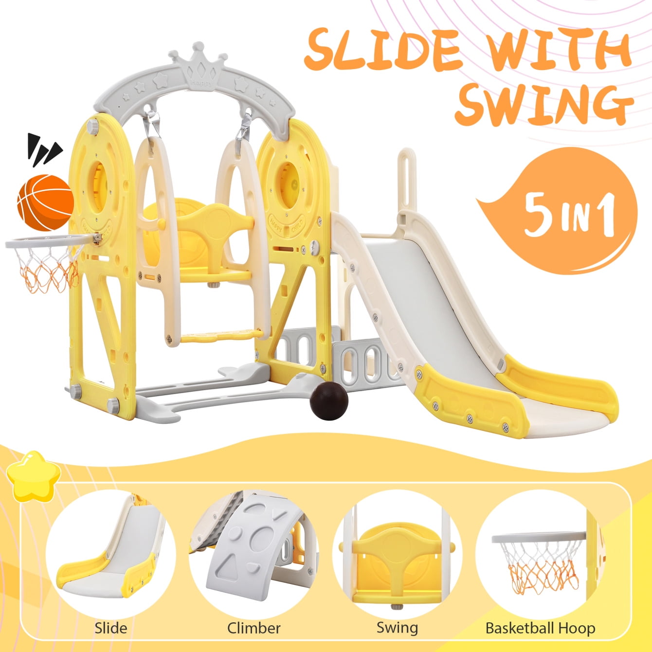 Toddler Swing and Slide Set 5 in 1, Kids Climber with Slide, Basketball ...