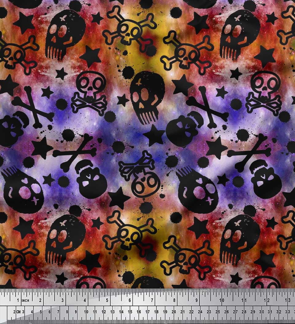 Soimoi Crepe Silk Fabric Star,Crossbones & Skull Halloween Print Fabric ...