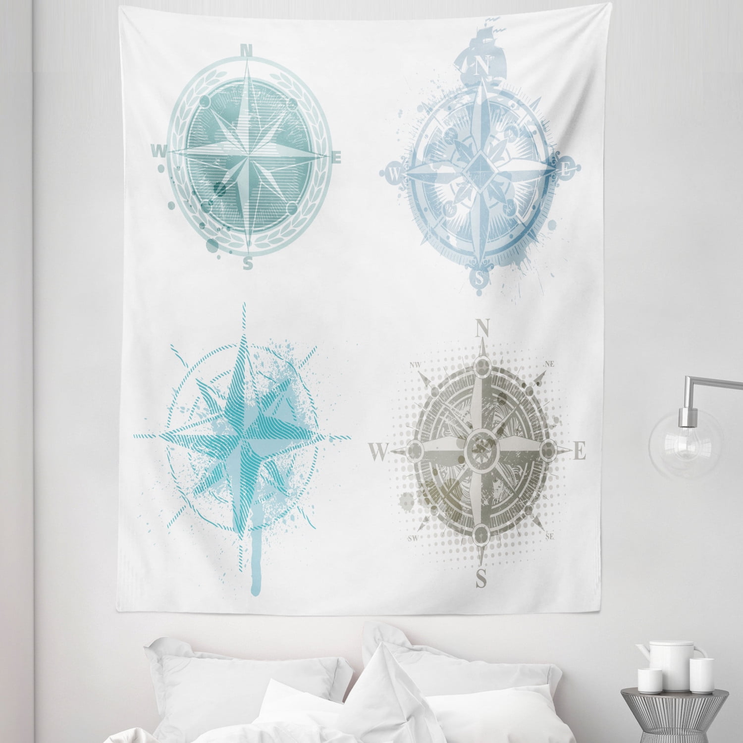 Compass Tapestry, 4 Different Windrose with Faded Look Nautical ...