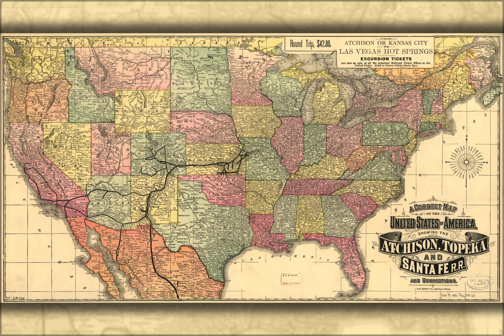 24"x36" Gallery Poster, map of Atchison Topeka & Santa fe Railroad 1888 ...