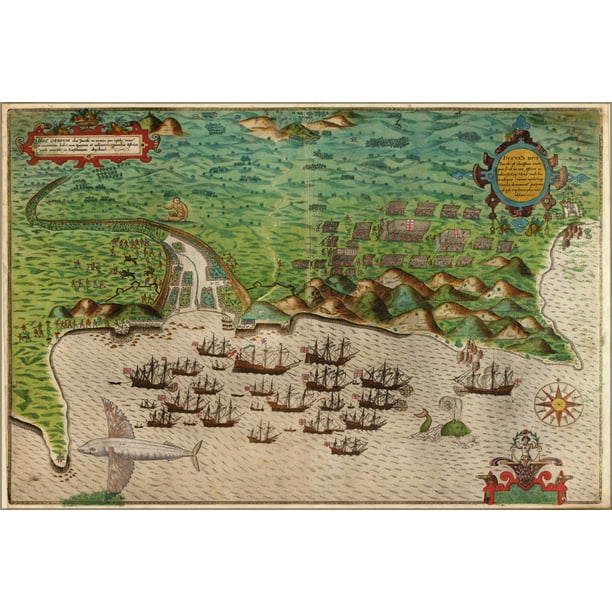 24"x36" Gallery Poster, Map of Sir Francis Drake at Santiago 1589 ...