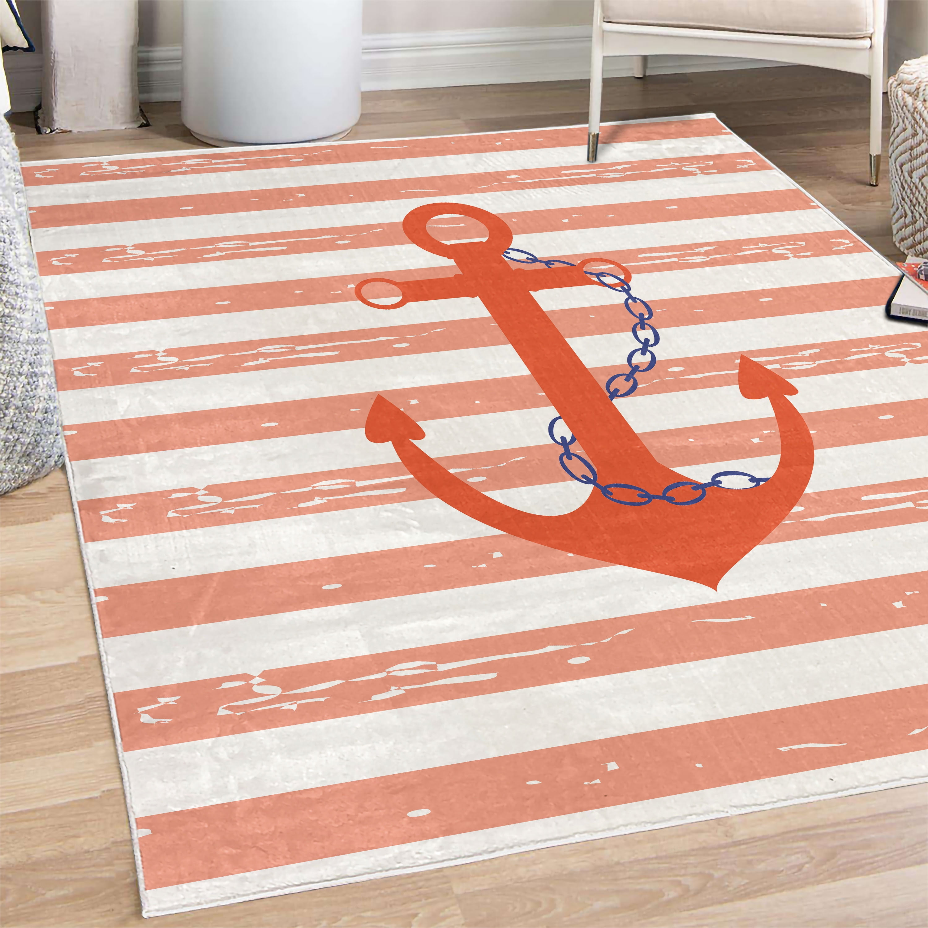 Striped Decorative Rug, Ship Anchor Chain Marine Life Inspired Lines ...