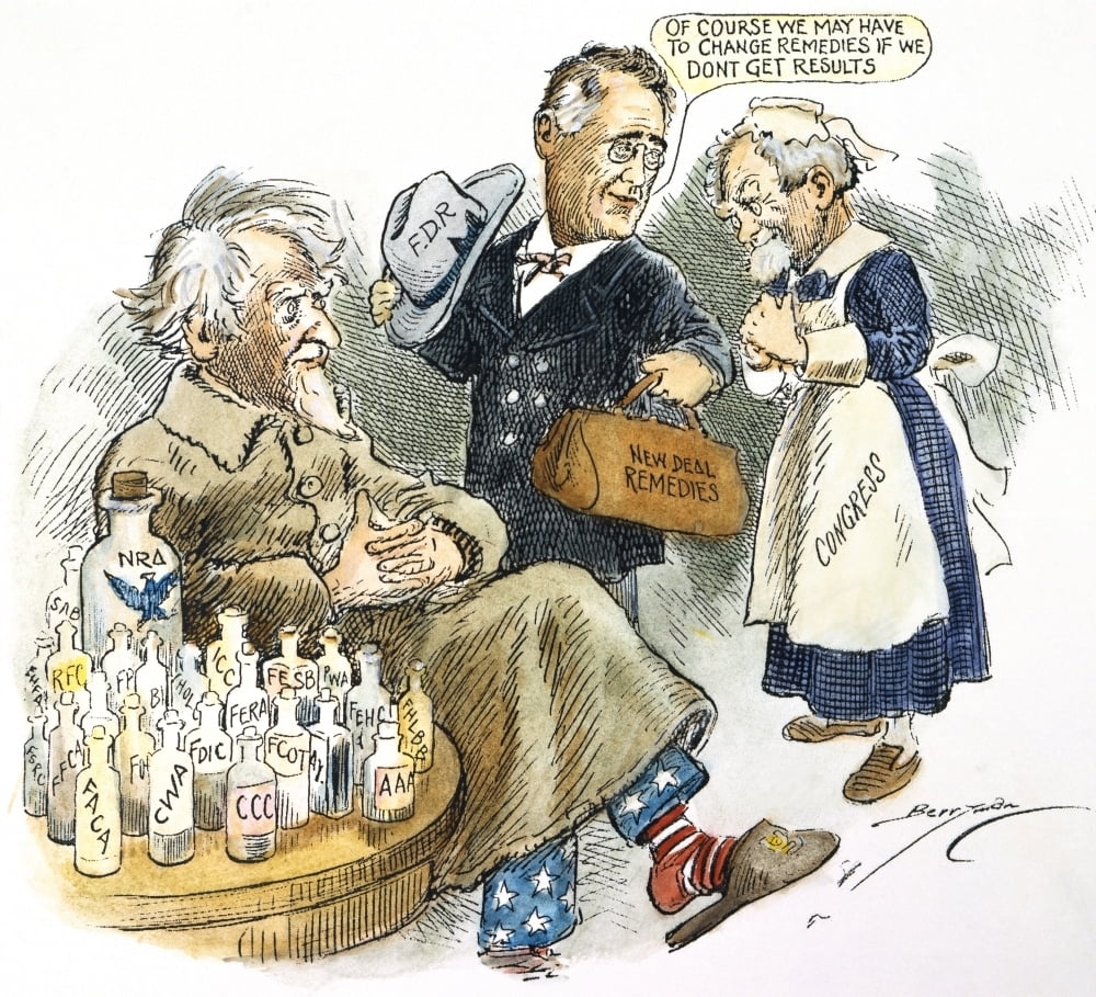 New Deal Cartoon, C1935. /Npresident Franklin D. Roosevelt Trying To ...