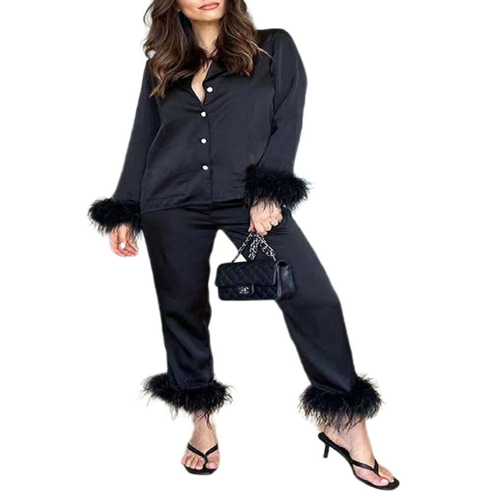Click here for Generic Women Satin Silk Pajamas Set Feather Trim... prices