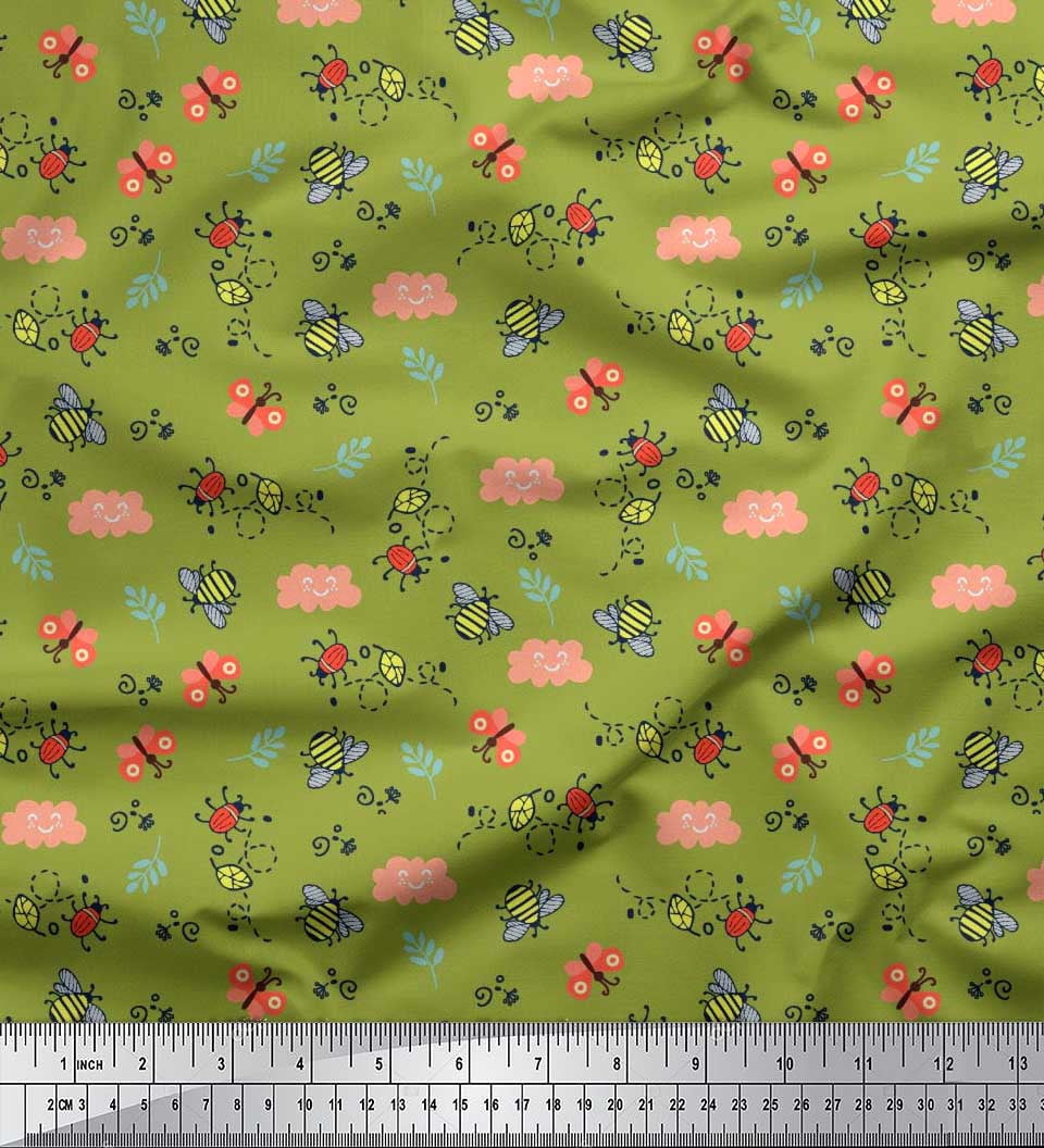 Soimoi Green Rayon Crepe Fabric Honey Bee & Bettle Bee Insects Print ...