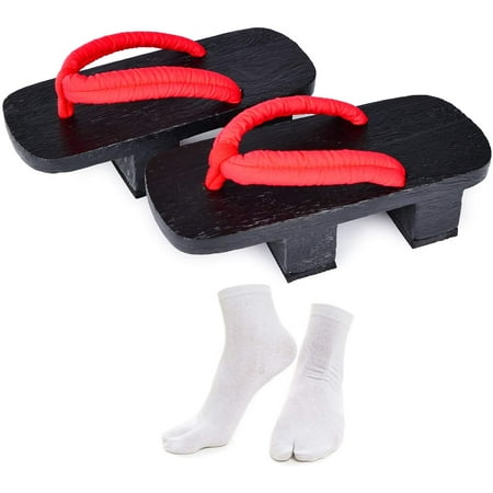 Japanese Wooden Clogs with Tabi Socks For Men Women, Black&red, 7-8 ...