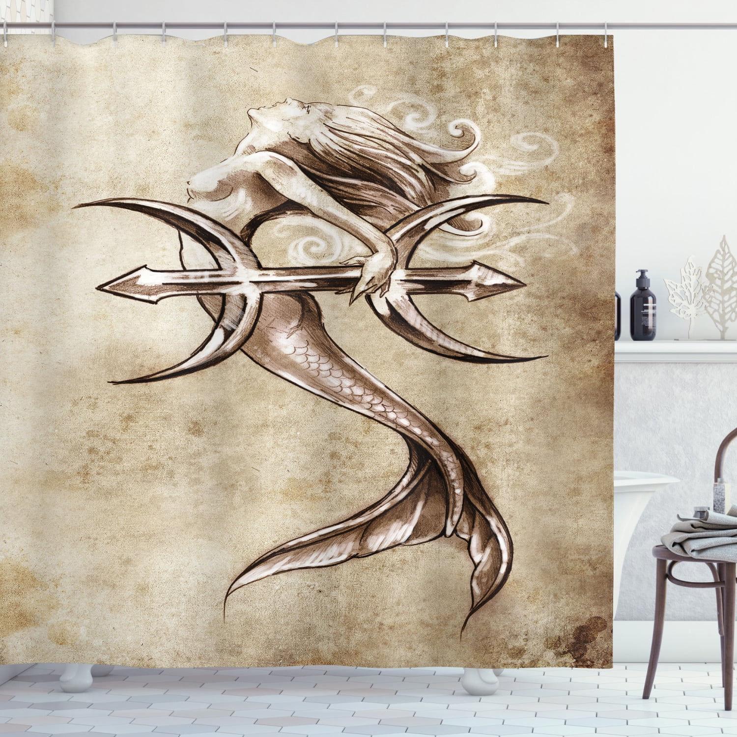 Mermaid Shower Curtain Vintage Mermaid In The Sea With An Anchor