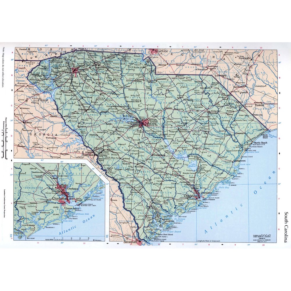 Large map of the state of South Carolina with cities, roads and ...