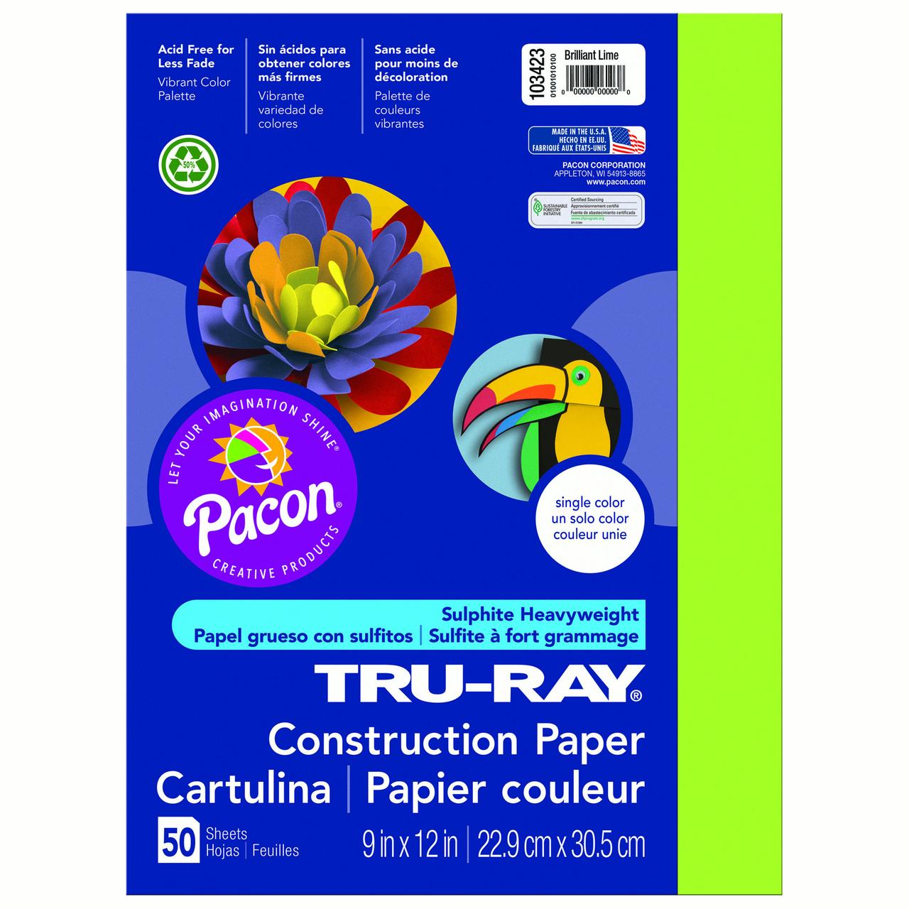 Pacon® Tru-Ray® Construction Paper, 9" x 12", Brilliant Lime - 50 ...