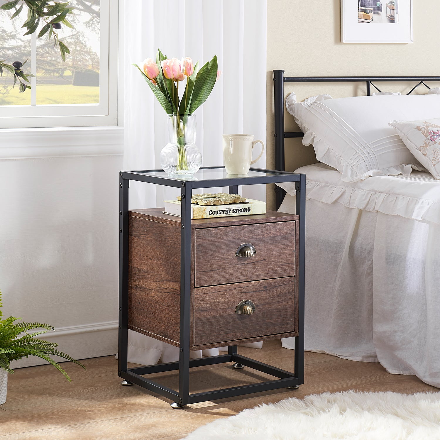 VECELO Tempered Glass Top Nightstand with 2-Drawer, Modern Side End ...